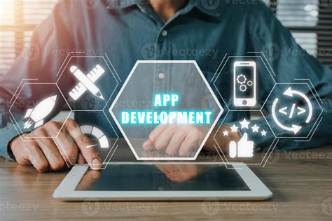 App Development Concept Person Hand Using Digital Tablet With App