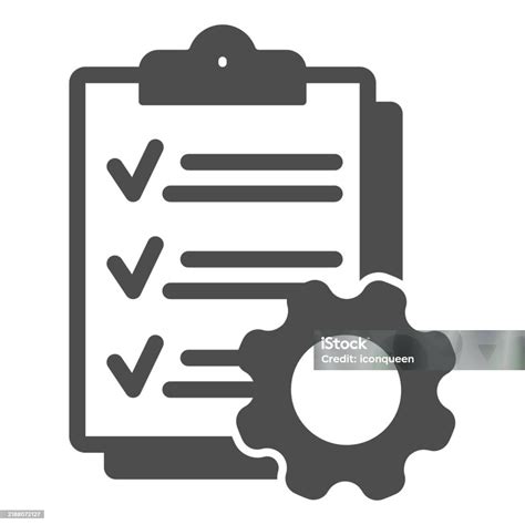 톱니바퀴 솔리드 아이콘이 있는 체크리스트 보드 수리 서비스 개념 벡터 그래픽 흰색 배경에 기어 기호가 있는 목록 모바일 또는 웹 디자인용 글리프 스타일 아이콘 Mandate