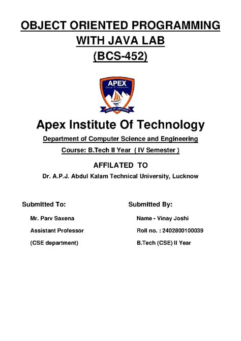 Oop Java Lab Experiments Bcs452 Studocu