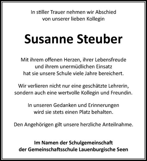 Traueranzeigen Von Susanne Steuber Sh Z Trauer