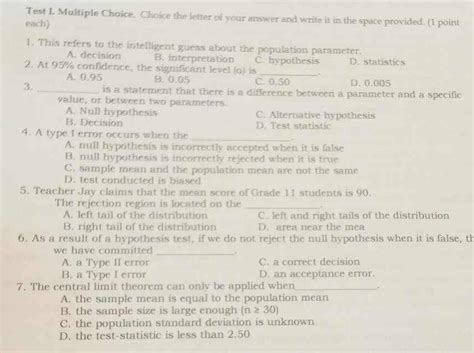 Test I Mulfiple Choice Choice The Letter Of StudyX