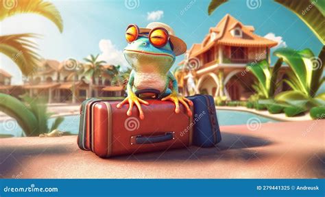 Frog As A Tourist With Camera Sunglasses And Straw Hat Cartoon Vector