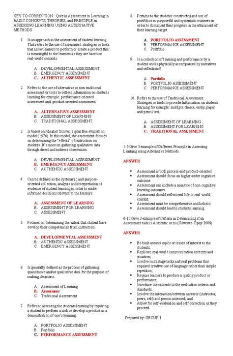 Key To Correction Quiz Key To Correction Quiz In Assessment In