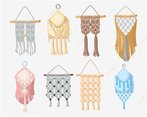 Bohemian Macrame Wall Hanging Cartoon Illustration Set Deco Macrame Collection Png And Vector