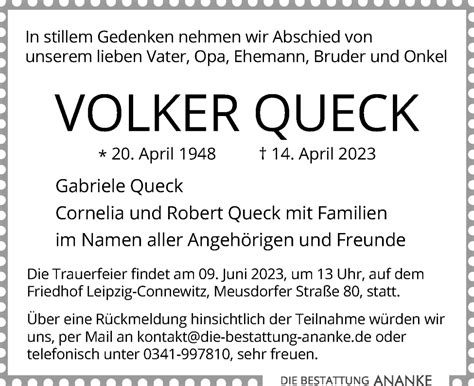 Traueranzeigen Von Volker Queck Trauer Anzeigen De