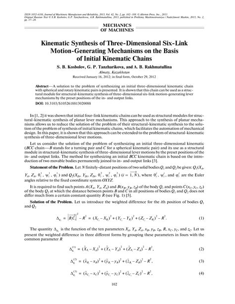 Pdf Kinematic Synthesis Of Three Dimensional Six Link Motion