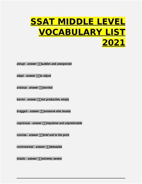 Ssat Middle Level Vocabulary List 2021 Exams Nursing Docsity