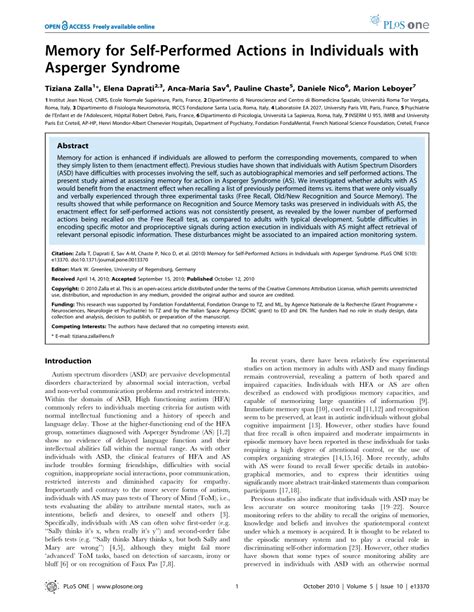 Pdf Memory For Self Performed Actions In Individuals With Asperger
