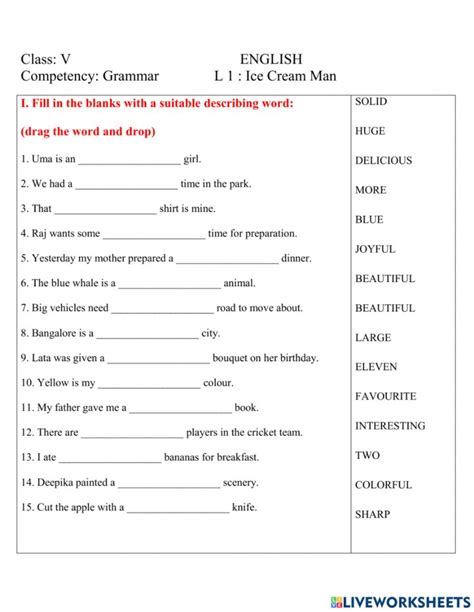 Adjectives Worksheets For Grade 5