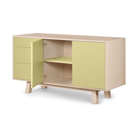 French Designer Artisanal Light Yellow 2 Door 3 Drawer Low Wooden