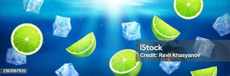 사실적인 라임 과일 조각과 수중 얼음 조각 짙은 푸른 바다 또는 바다에 떠 있는 감귤류와 얼음 결정 3d 디자인 포스터 3차원 형태에 대한 스톡 벡터 아트 및 기타 이미지