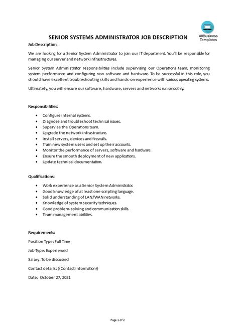 Senior Systems Administrator Job Description Templates At