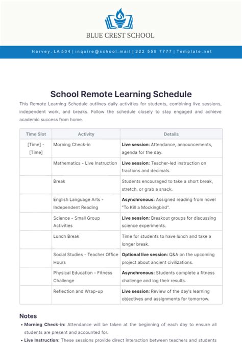 Free School Remote Learning Schedule Template To Edit Online