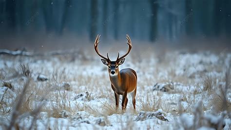 Majestic Stag In Winter Wonderland Background Winter Deer Snow