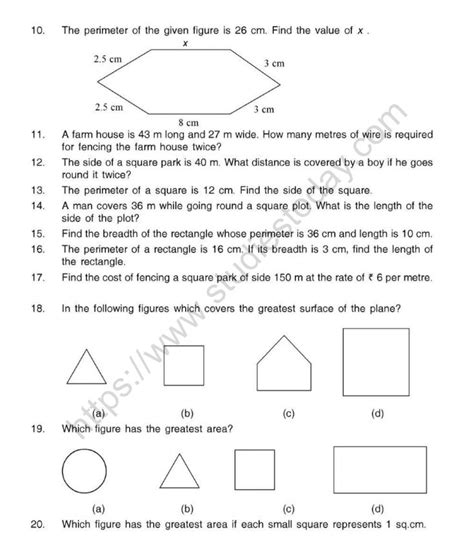 Cbse Class 5 Math Worksheet Perimeter And Area