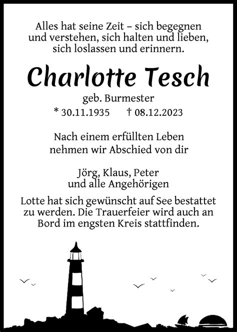 Traueranzeigen Von Charlotte Tesch Trauer And Gedenken