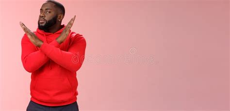 Cut It Out Portrait Serious Looking African American Male Assisant Show Cross Gesture Say