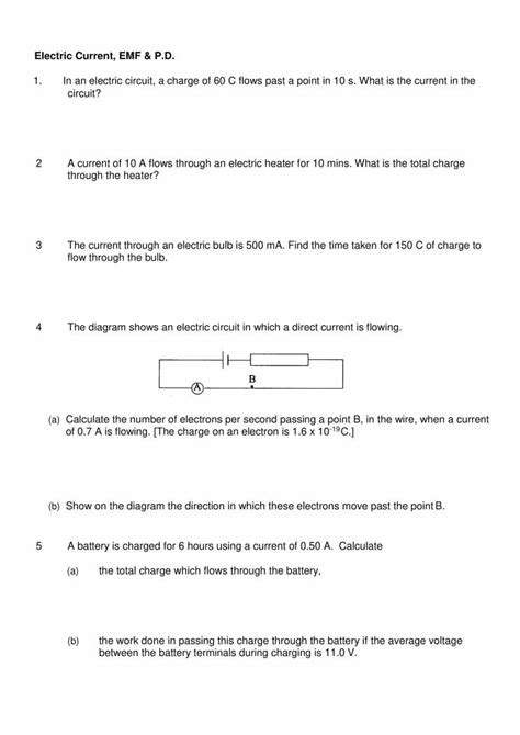 Electricity Direct Current Practical Electricity Worksheets