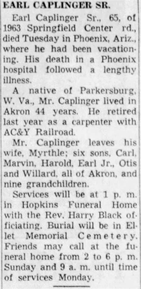 Obituary For Earl Caplinger Aged 65