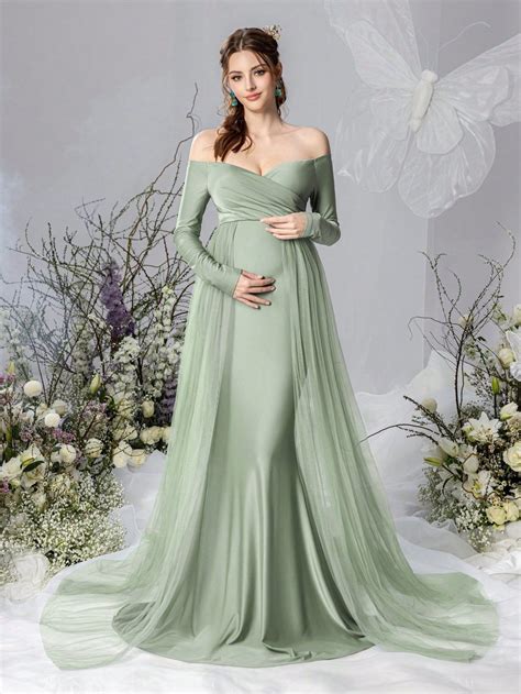 Elegant Maternity Off Shoulder Long Sleeves Connect Mesh Overlay Formal