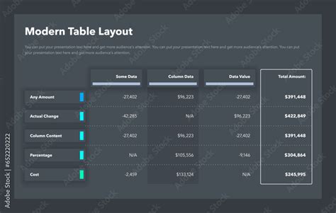 Modern Table Layout Template With A Total Amount Column Dark Version