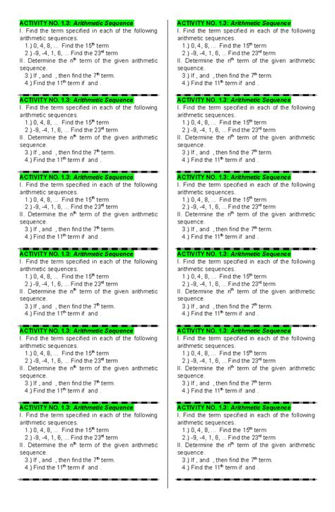 Act 13 Arithmetic Sequence Activity No 1 Arithmetic Sequence I Find The Term Specified In
