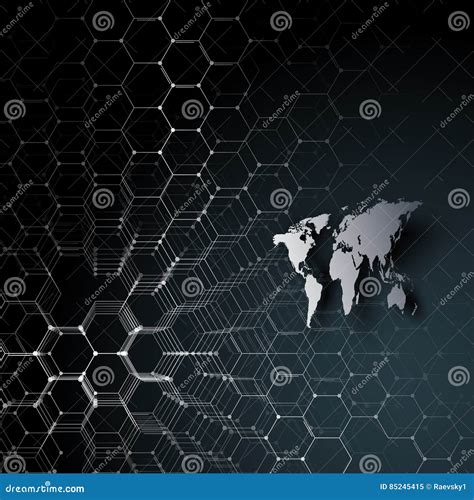 Gray World Map Connecting Lines And Dots On Black Color Background Chemistry Pattern