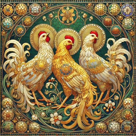 Three French Hens Art Print Klimt Inspired Jeweled Digital Art Vintage