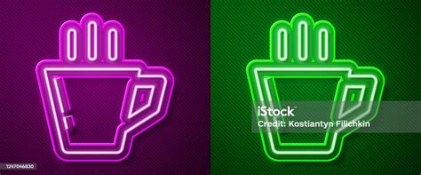 보라색과 녹색 배경에 격리 빛나는 네온 라인 커피 컵 아이콘 차 컵 뜨거운 음료 커피 벡터 일러스트레이션 경영자에 대한 스톡 벡터 아트 및 기타 이미지 Istock