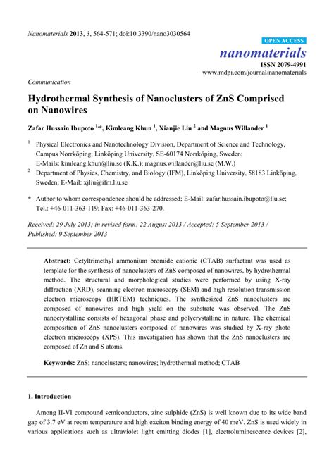 Pdf Hydrothermal Synthesis Of Nanoclusters Of Zns Comprised On Nanowires