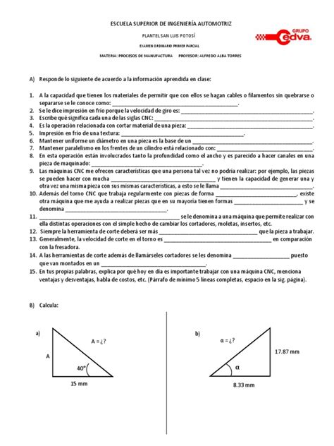 Examen De Taller De Manufactura Torno Convencional Y Torno Cnc Pdf Control Numerico Science