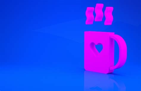 분홍색 커피 컵과 파란색 배경에 고립 된 심장 아이콘 발렌타인 데이에 연인을위한 커플 커피 미니멀리즘 개념 3d 일러스트레이션 3d 렌더링 3차원 형태에 대한 스톡 사진 및