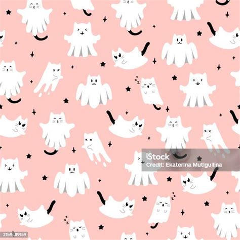 Cute Halloween Pattern With Ghost Cats And Stars On Pink Background Vector Flying Halloween