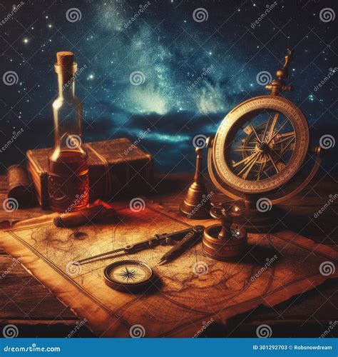 Old Maritime Navigation Map With Compass And Sextant Stock