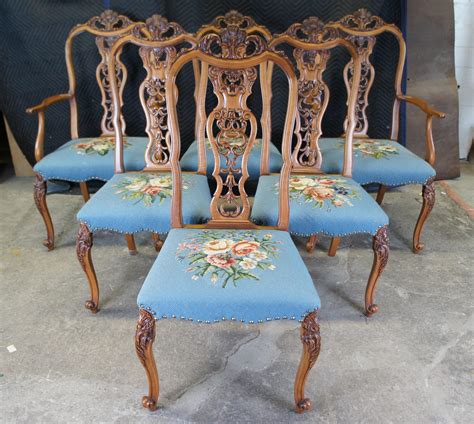 6 Antique French Provincal Louis Xv Walnut Reticulated Needlepoint