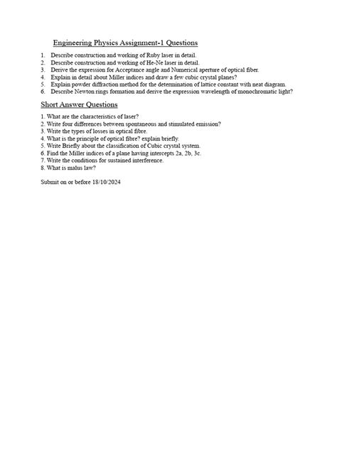 Engineering Physics Assignment I Questions October 2024 New Pdf