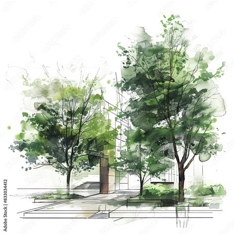 Sketch Building Structure With Tree In The Park Architectural Drawing In Watercolor Elements