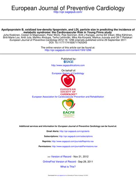 Pdf Apolipoprotein B Oxidized Low Density Lipoprotein And Ldl Particle Size In Predicting