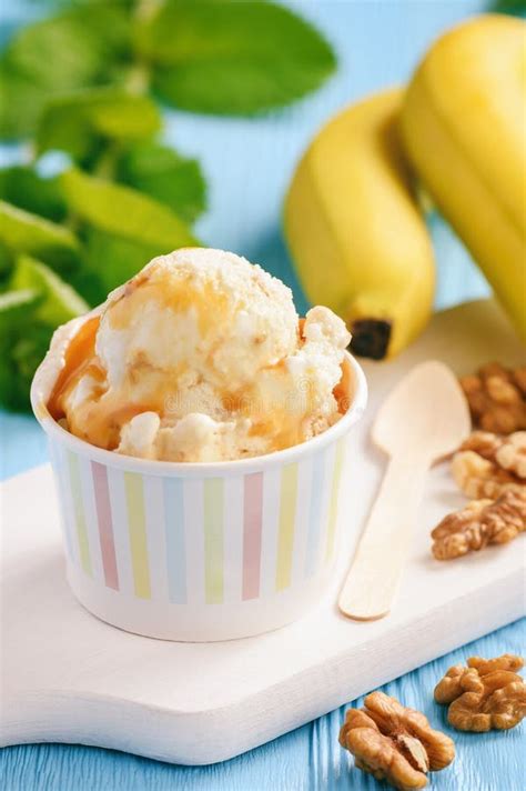 Vanilla And Banana Ice Cream With Nuts And Caramel Stock Image Image