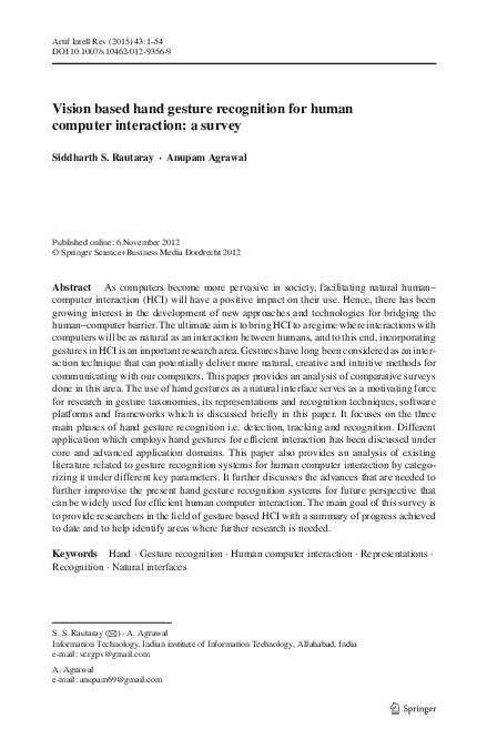 Pdf Vision Based Hand Gesture Recognition For Human Computer