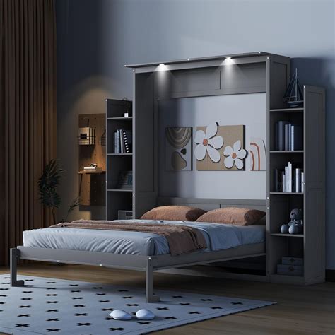 Harper And Bright Designs Gray Queen Size Murphy Bed With Storage Shelves And Led Lights
