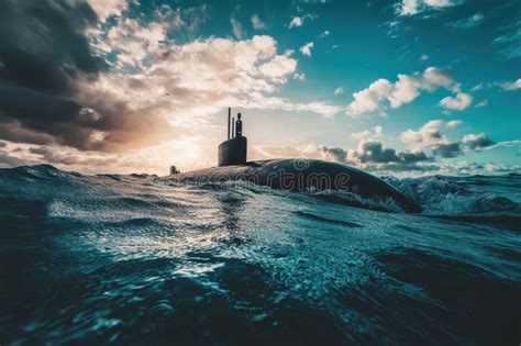 Submarine Surfaces At Sunset Creating A Dramatic Silhouette Against