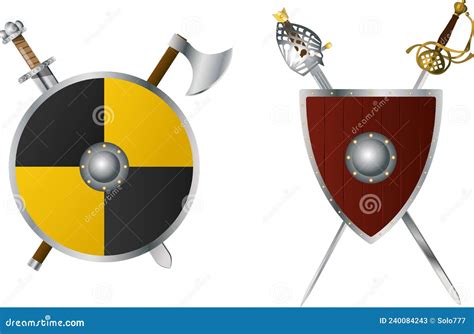 Viking Sword Ax And Shield Renaissance Shield And Two Rapier Vector