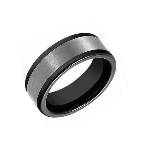8mm Men Flat Black Tungsten Carbide Ring Brushed Silver Finish