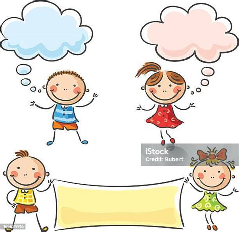 Empat Kartun Chidden Memegang Spanduk Dan Berpikir Ilustrasi Stok