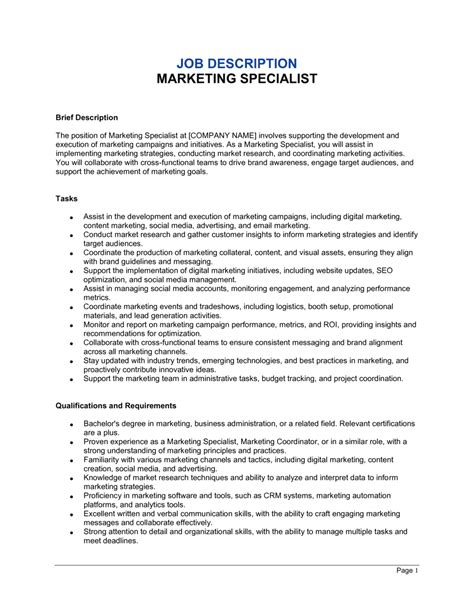 Marketing Specialist Job Description Template Word And Pdf Free Trial