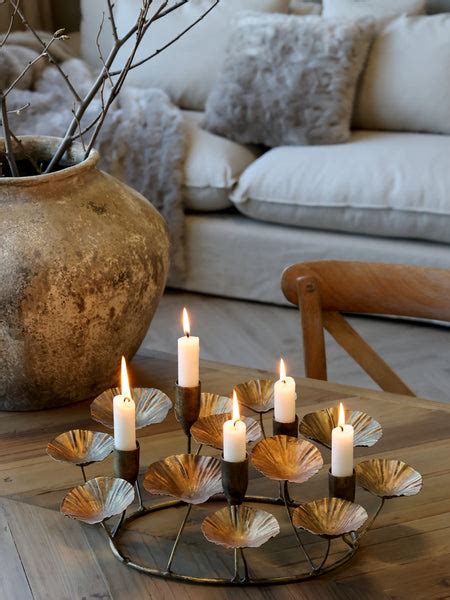 Antique Brass Leaf Low Candelabra Greige Lifestyle