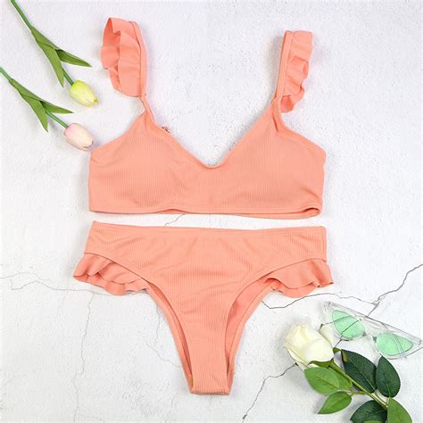 Pink Bikinis Set Sexy Xl Low Waist Girl Bikini New Wire Free Swimsuit Ruffles Swimwear Women