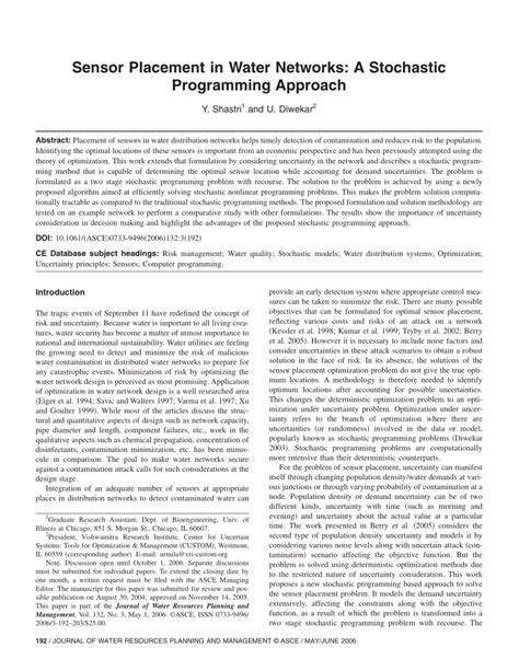 Pdf Sensor Placement In Water Networks A Stochastic Programming Approach