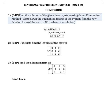 Solved Mathematics For Economists Ii 20212 Homework 1